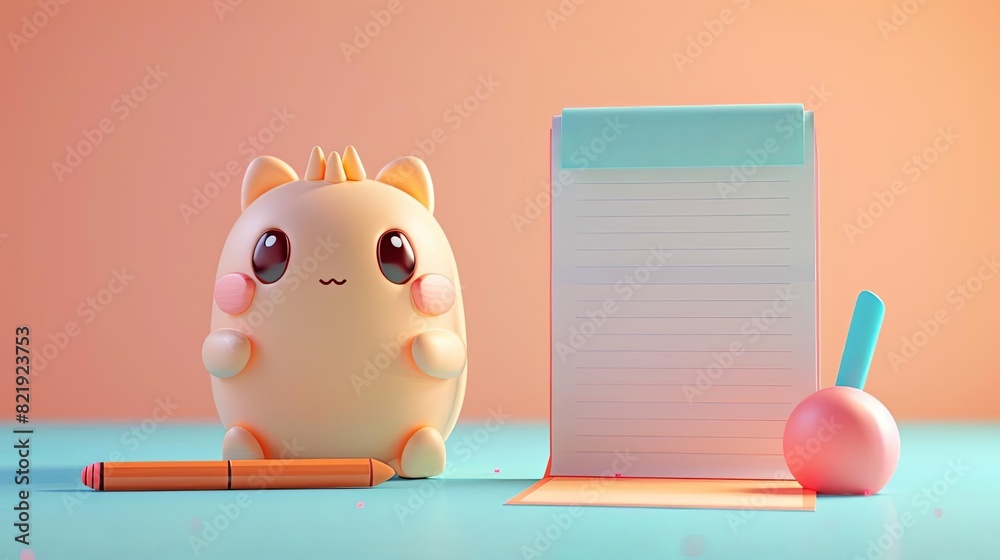 Cute and colorful office desk setup with a kawaii plush toy, notepad ...