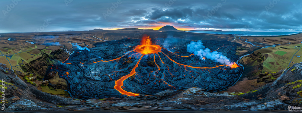 Volcanic eruption process. Landscape of volcano with exploding and ...