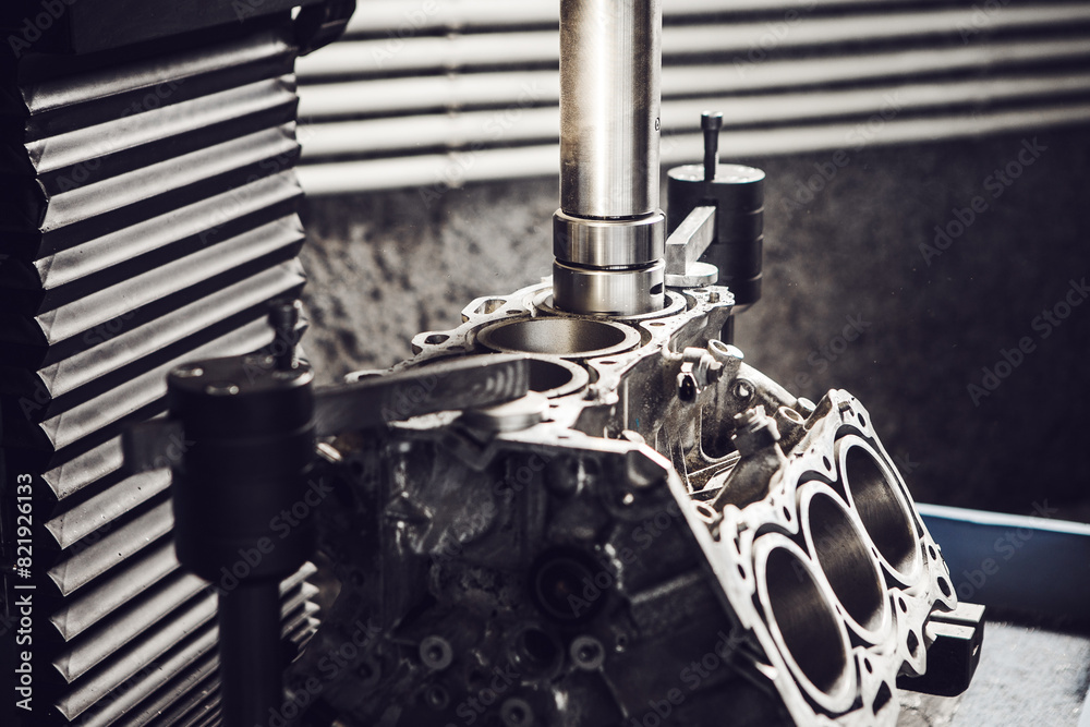 Three-cylinder engine repair on CNC machine, boring under the piston ...