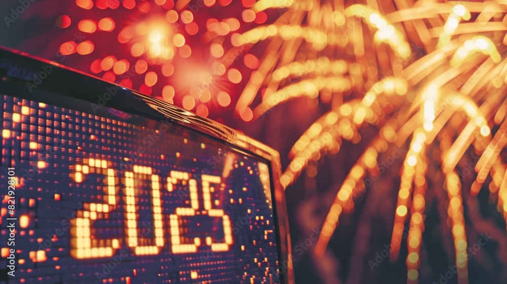 The year 2025 brightly displayed on a digital screen, enhanced by the ...