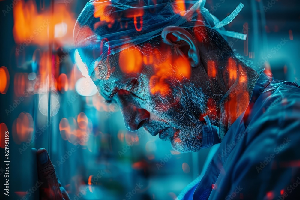 Doctor overwhelmed by work stress, close up, healthcare challenges ...