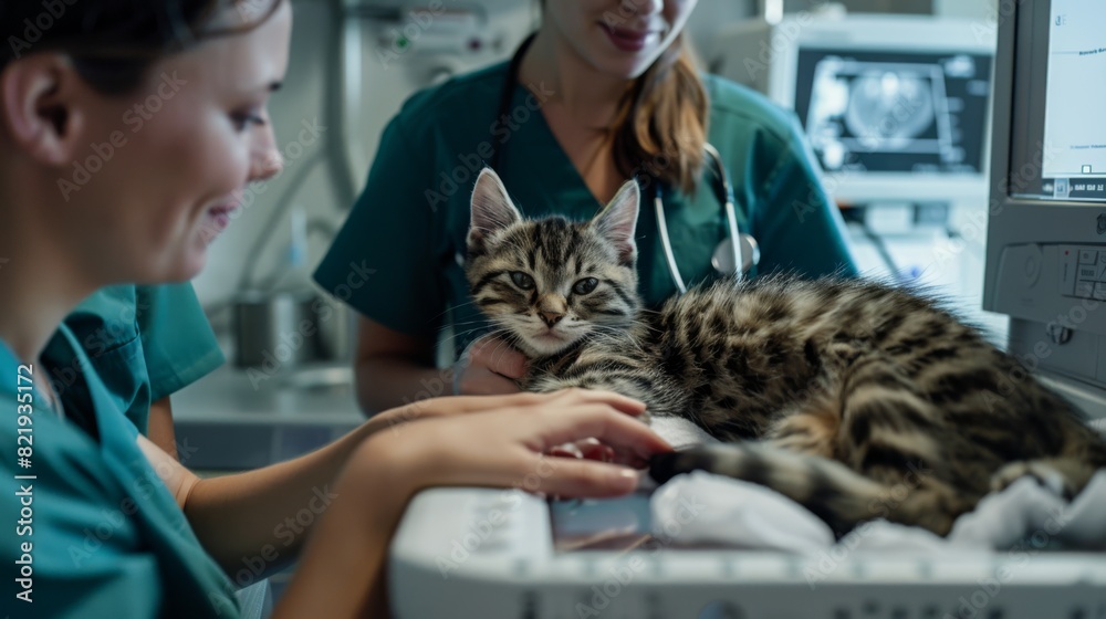 Veterinary team performing an ultrasound scan on a pregnant cat in a ...