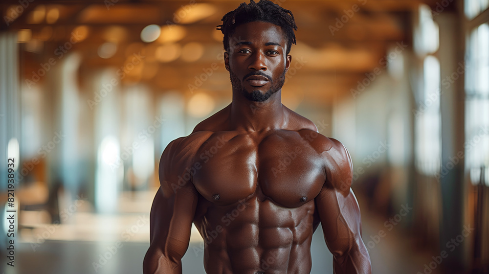 Muscular African American man intense gaze standing gym, highlighting ...