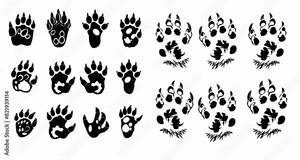 Footprint of a monster lizard, black silhouette of a dinosaur. A T-rex ...