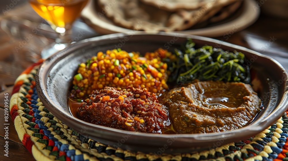 injera, a traditional Ethiopian sourdough flatbread, with three ...