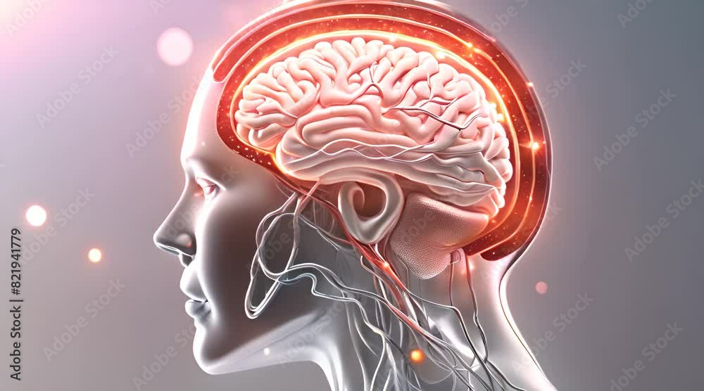 3D model of neuronal connections in the human brain, with glittering ...