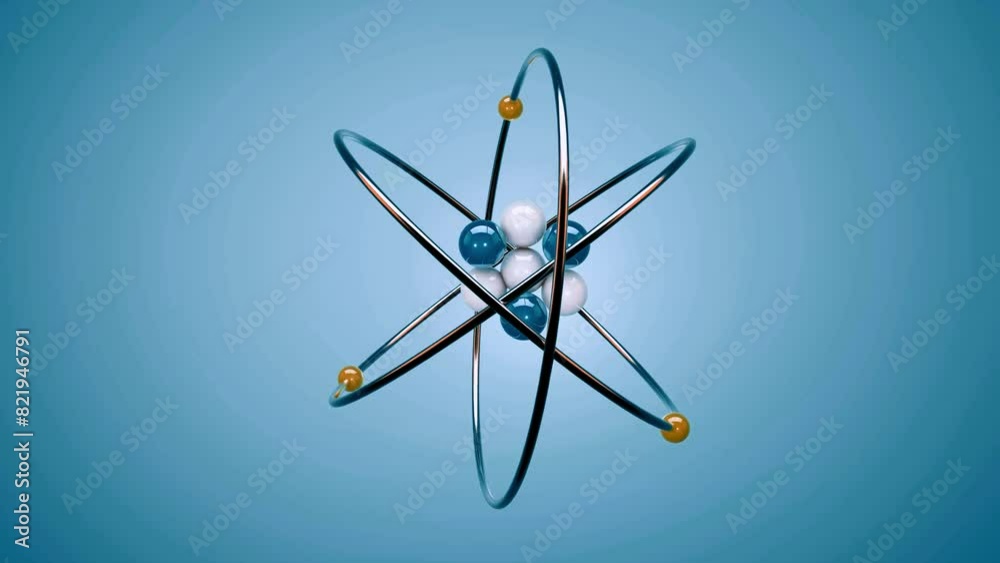 Atom with nucleus, neutrons, protons and electrons orbits glowing ...