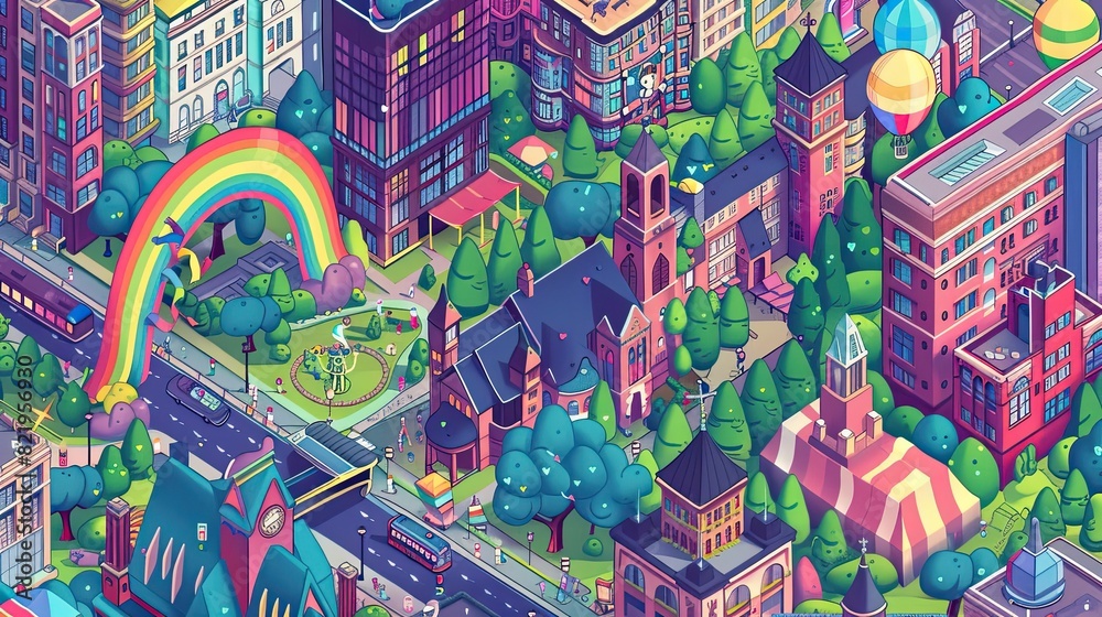 Colorful Cartoon Map Illustration of Famous City Landmarks on Pride Day ...