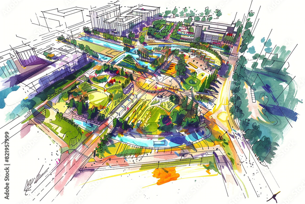 Urban planning sketch highlighting sustainable elements like green ...