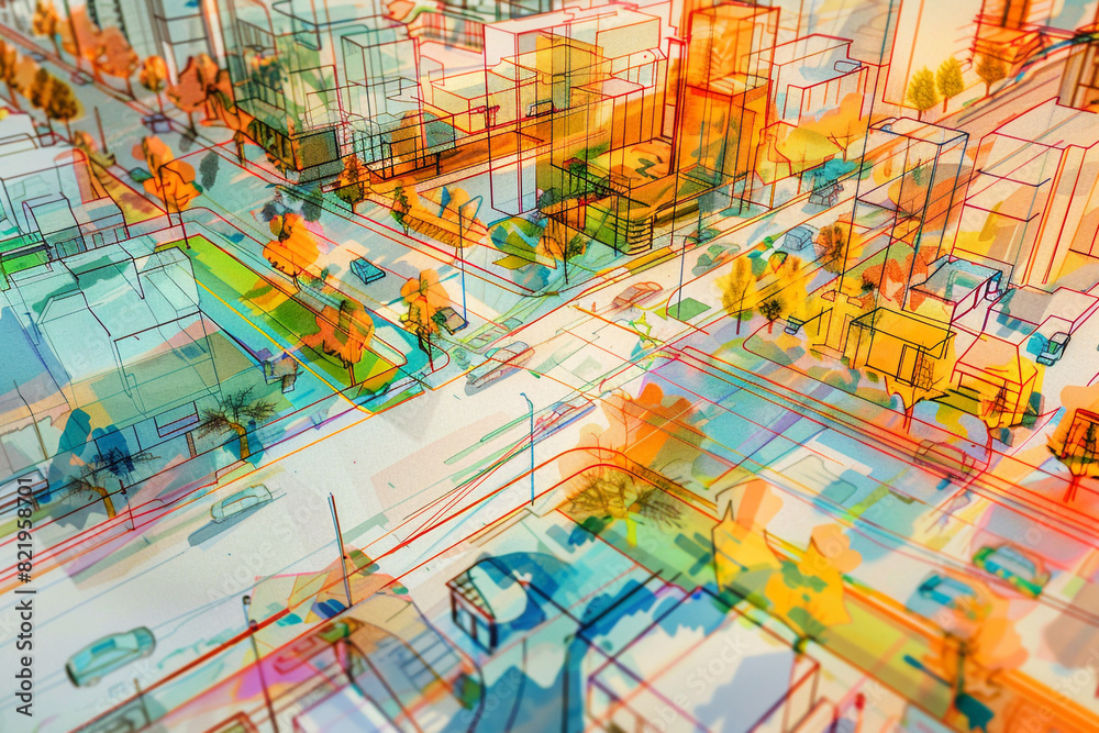 Urban planning sketch highlighting sustainable elements like green ...