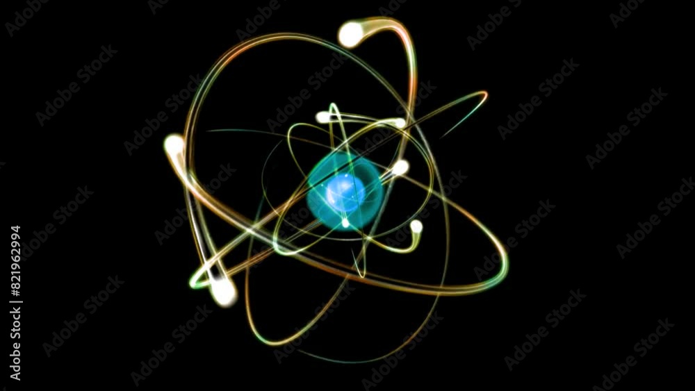Atom with nucleus, neutrons, protons and electrons orbits glowing ...