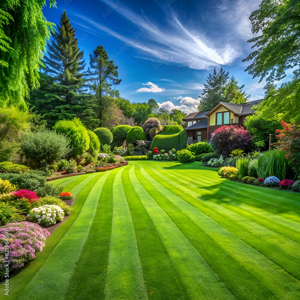 beautiful green garden lawn, grass stripes, checkerboard effect ...