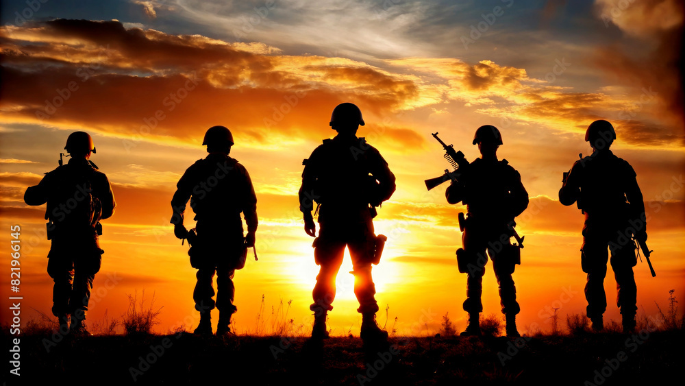 Silhouettes of army soldiers in the sunset Back view. Group of equipped ...