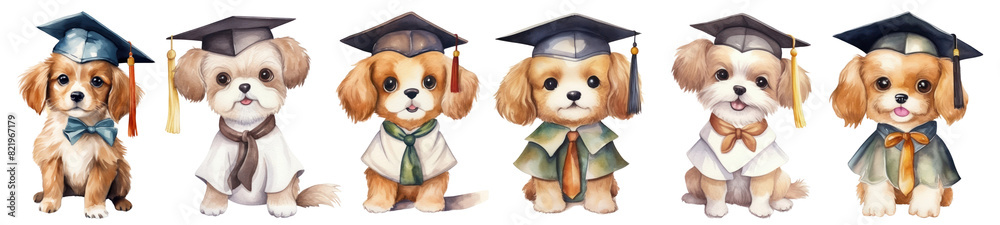 Cute cartoon dog graduation watercolor png element set on transparent ...