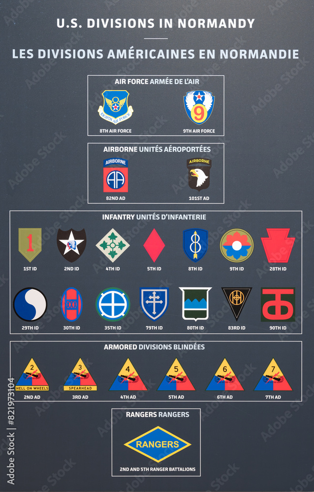 panel with the logos of the U.S. divisions in normandy in the museum ...