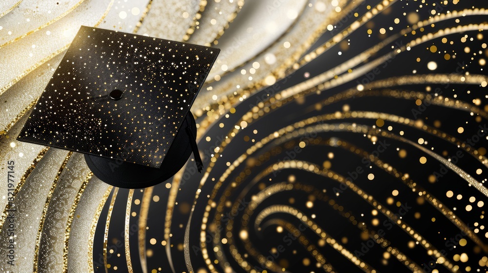 A black and gold graduation cap with glitter dots is displayed on a ...