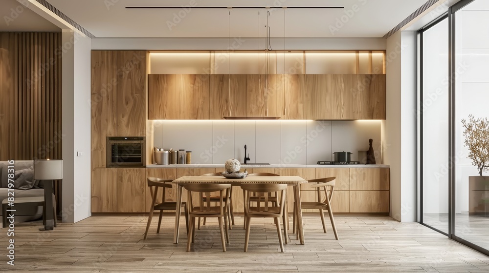 This mockup shows a modern home kitchen interior with dining and eating ...