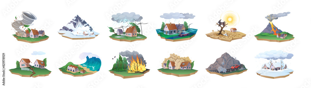 Natural disasters danger 2D cartoon objects set. Catastrophic accidents ...