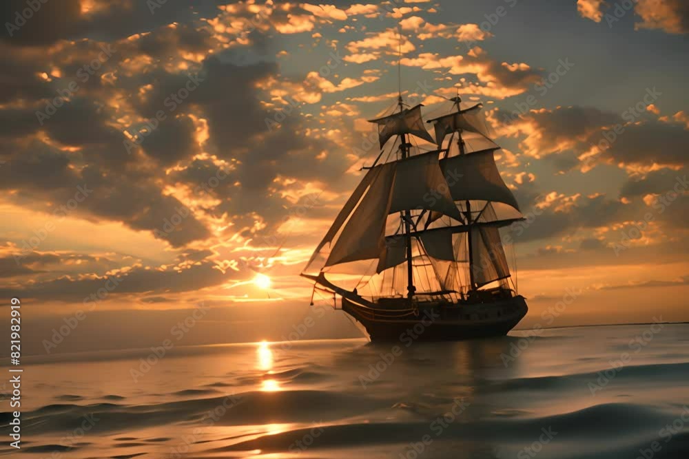 A magnificent sailing ship with graceful billowing sails navigates the ...