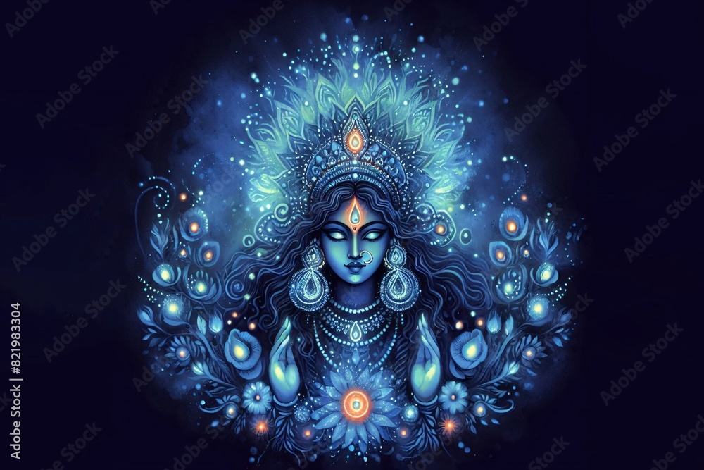 Image Indian goddess Kali Maa in orange and on dark blue colours. The ...
