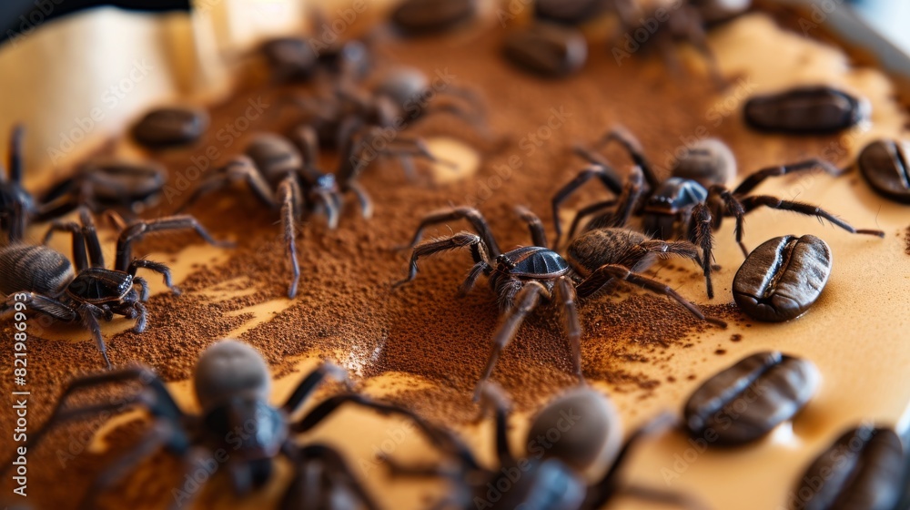A close view of multiple brown spiders crawling on a surface covered ...