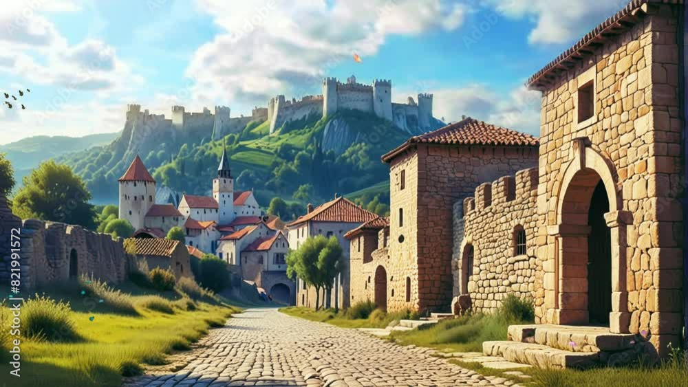 a traditional old village street with a castle background, 4K seamless ...