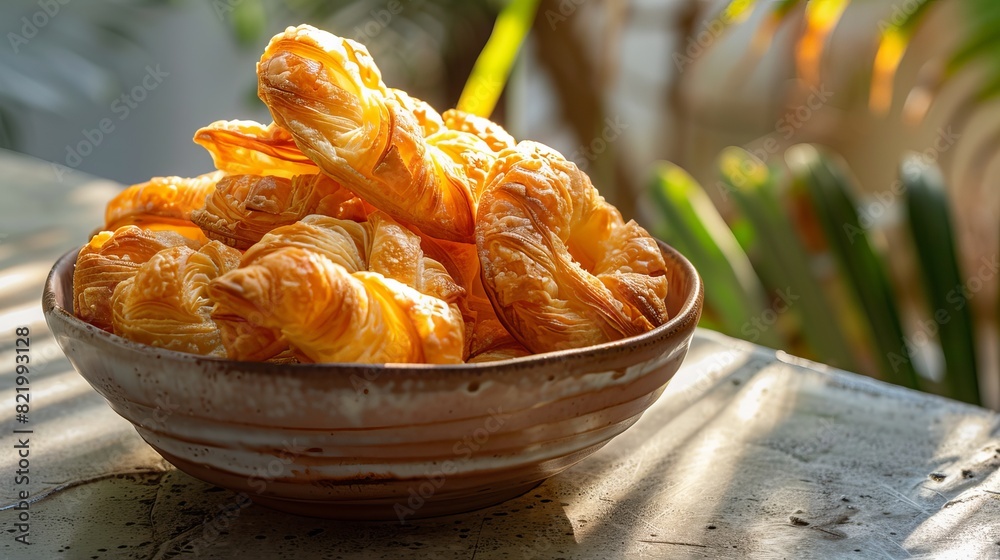 Crispy elephant ear pastries made with puff pastry, arranged in a bowl ...