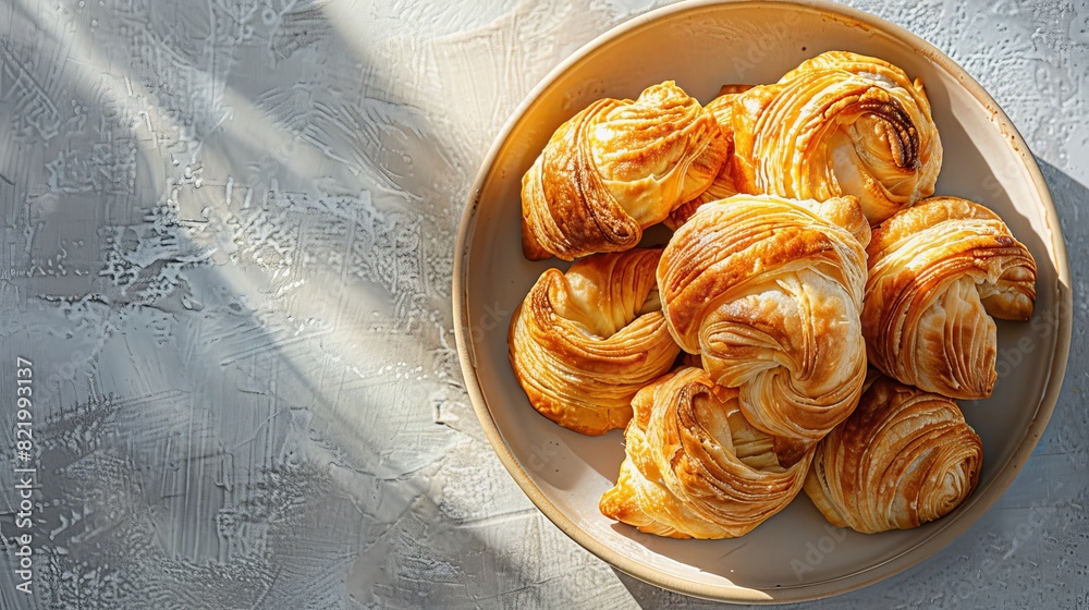 Crispy elephant ear pastries made with puff pastry, arranged in a bowl ...