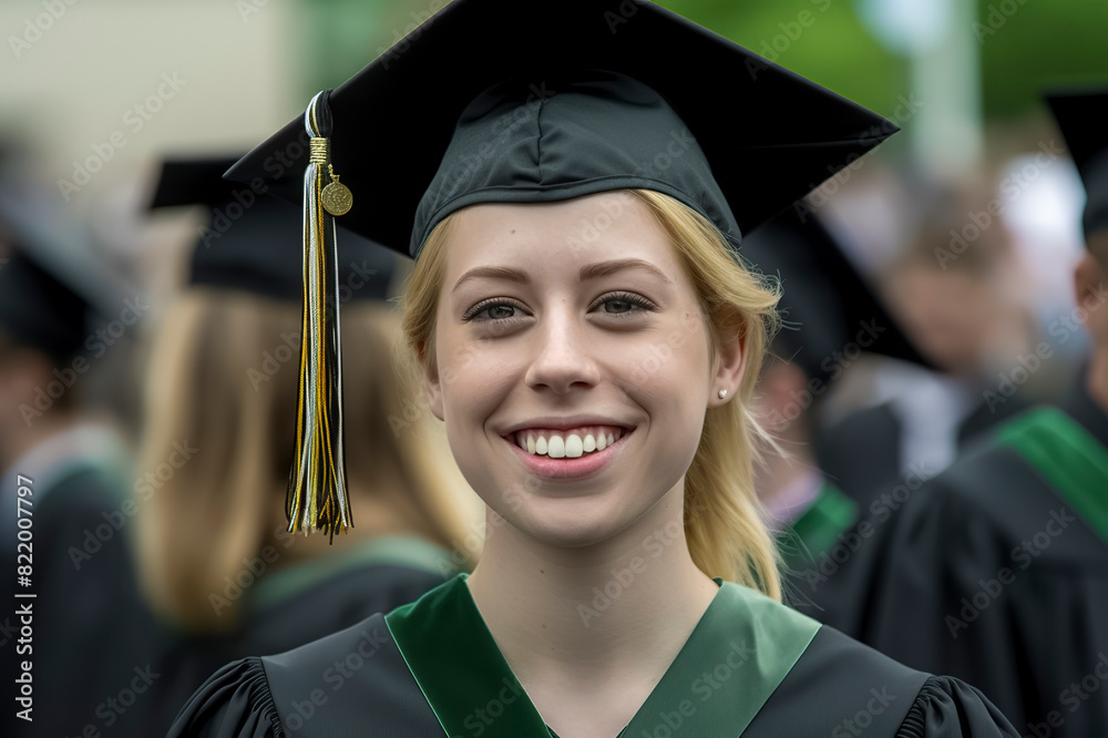woman wearing a graduation cap and gown is smiling for the camera. She ...