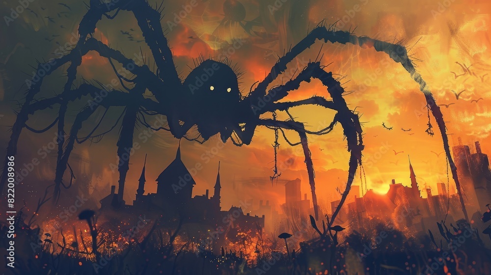 Noisefree silhouette of Arachne in a fantasy art scene, her monstrous ...