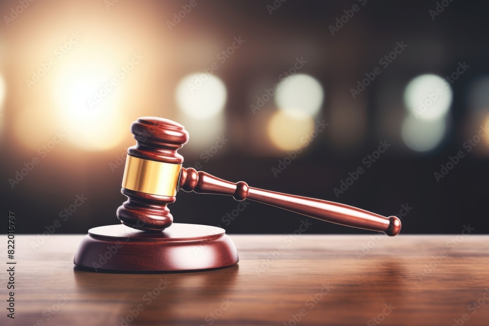 A focused image of a wooden judge's gavel on a table, with soft bokeh ...