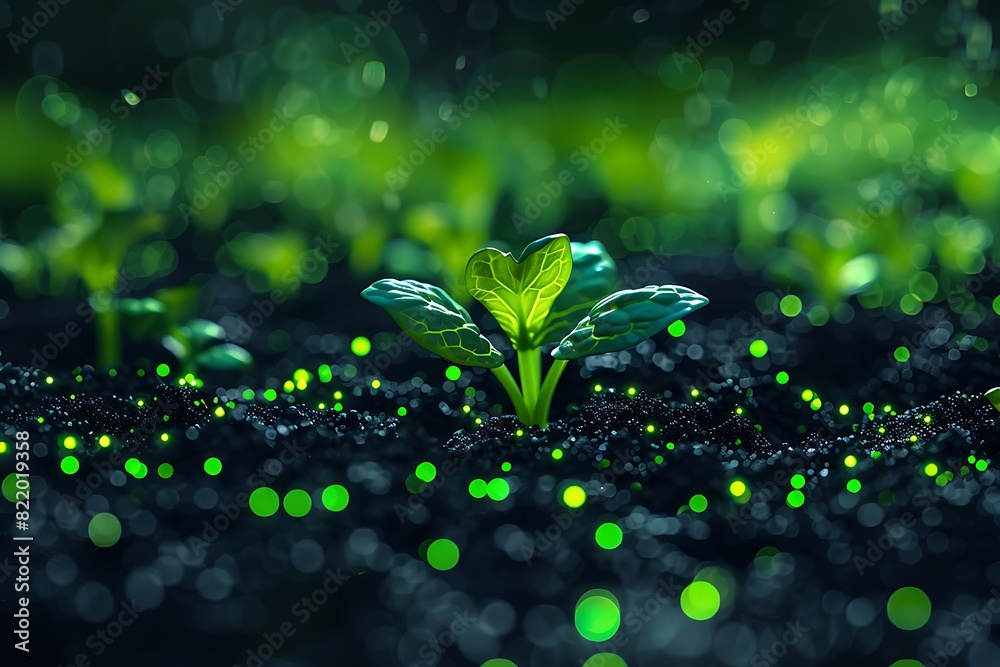 Close-up of a vibrant green seedling growing in fertile soil surrounded ...