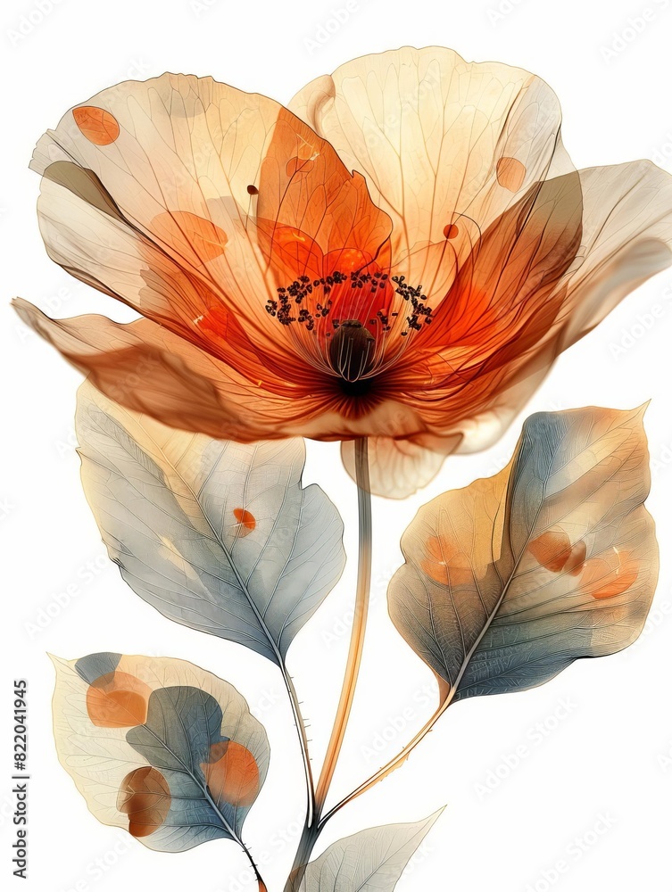 Abstract watercolor painting of a single orange poppy flower with ...