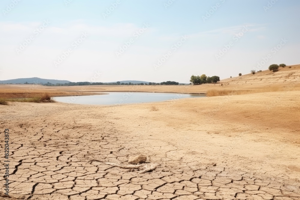 Expansive view of a dry landscape with a diminishing water source ...