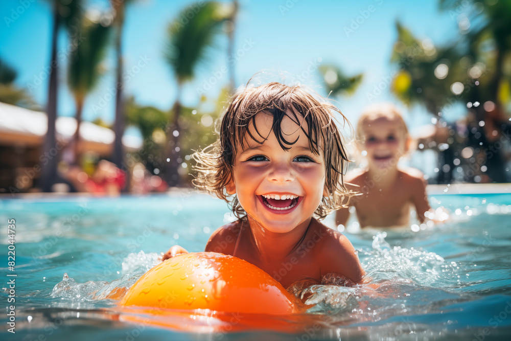 Retrato de niño sonriente chapoteando en el agua y jugando con la ...