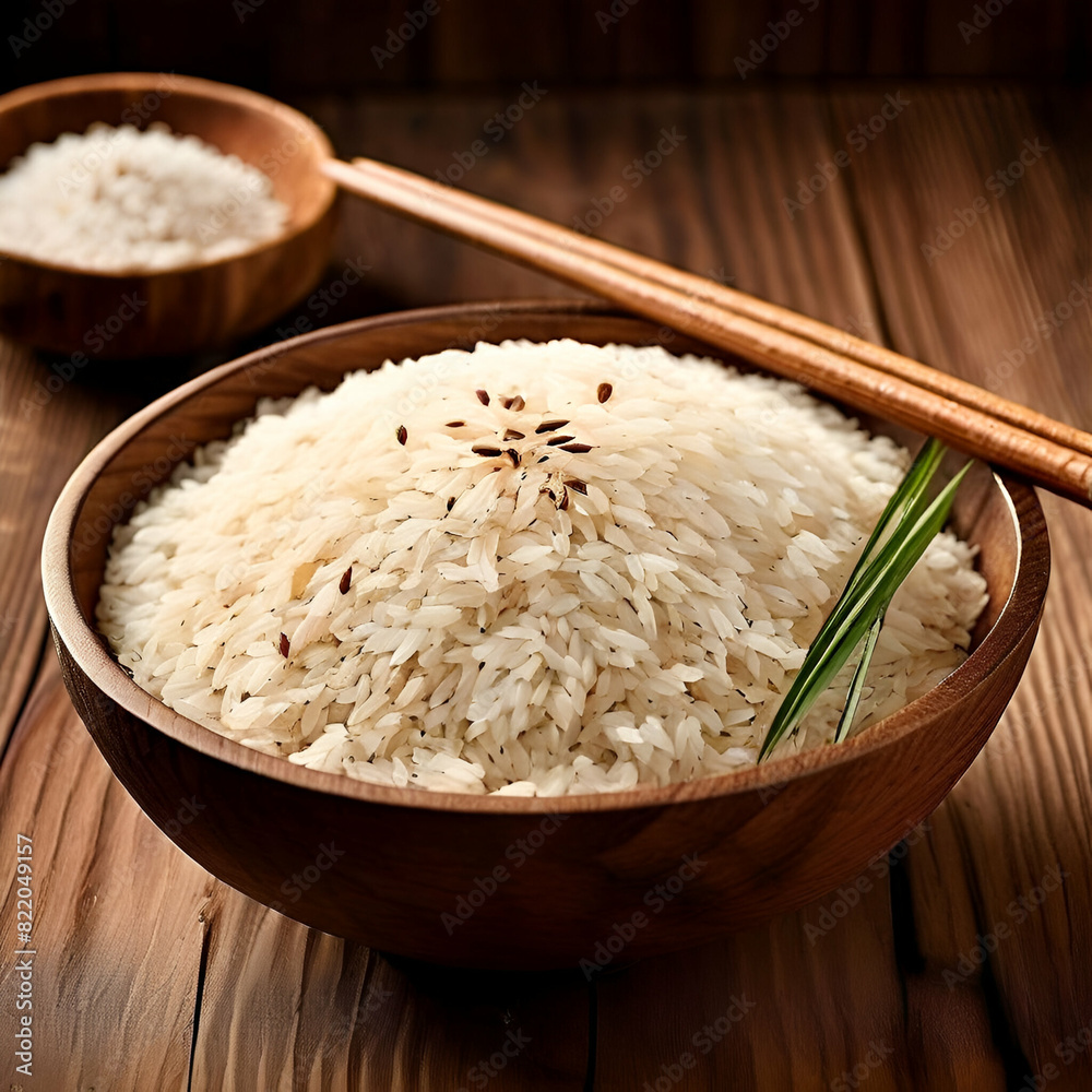 rice in a japanese masu in a White rice, Masu and ears of rice on a ...