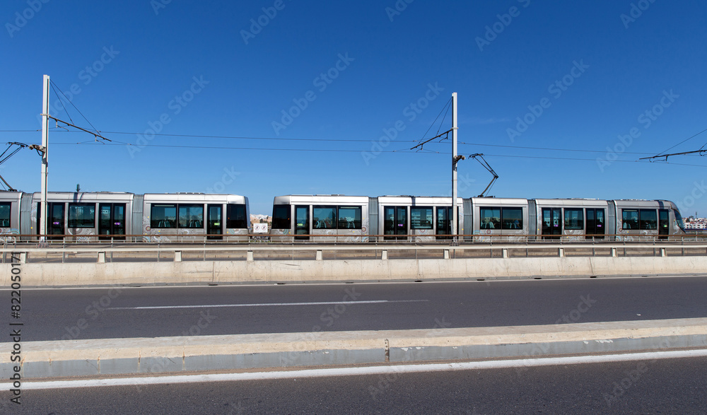 Modern built tram in the centre of Rabat. The Rabat-Sale tramway system ...