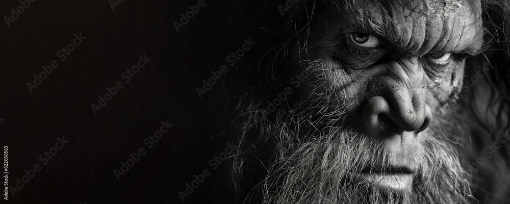 Realistic humanlike bigfoot face portrait banner. Black and white ...