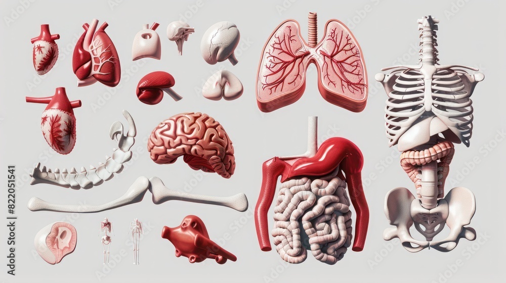 Real human internal skeleton symbol, 3D figure of woman, brain, liver ...