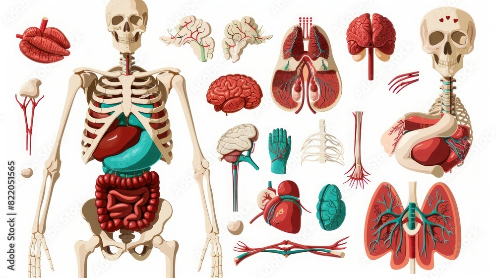 Real human internal skeleton symbol, 3D figure of woman, brain, liver ...