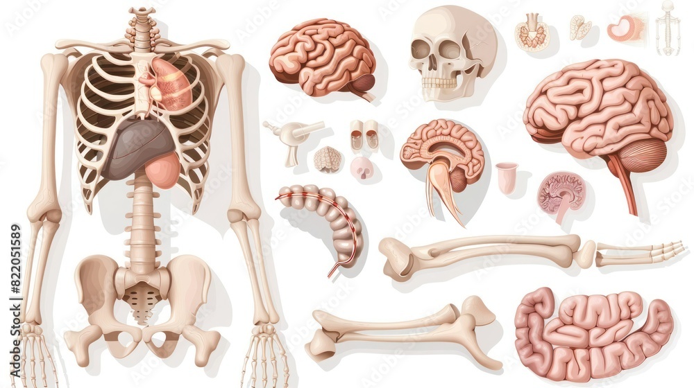 Real human internal skeleton symbol, 3D figure of woman, brain, liver ...