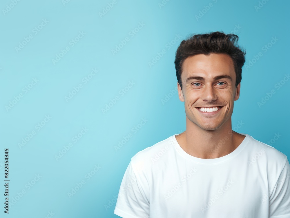 Cyan background Happy european white man realistic person portrait of ...