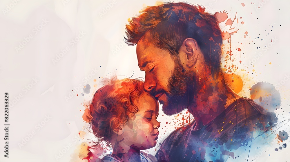 Watercolor paint splash painting of father holds his son on white ...