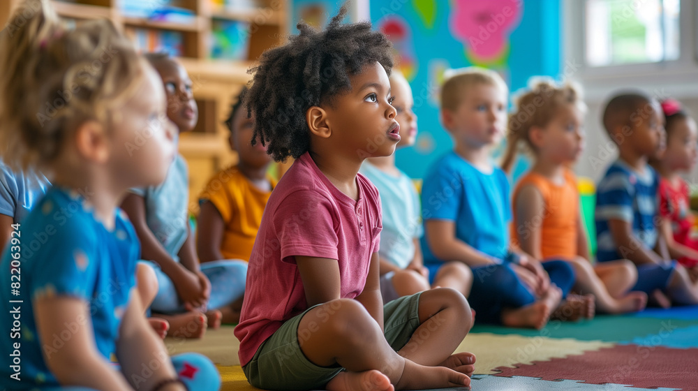 Happy Group of kids sitting on floor in circle around with teacher in ...