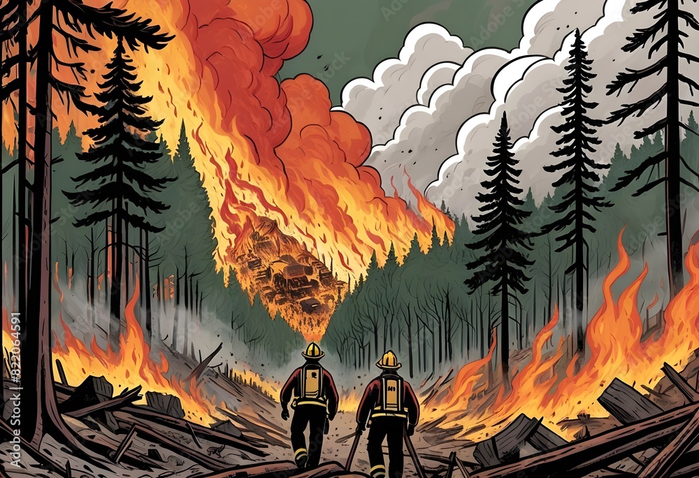 Foto de Massive forest fires scorch the landscape, with towering flames ...