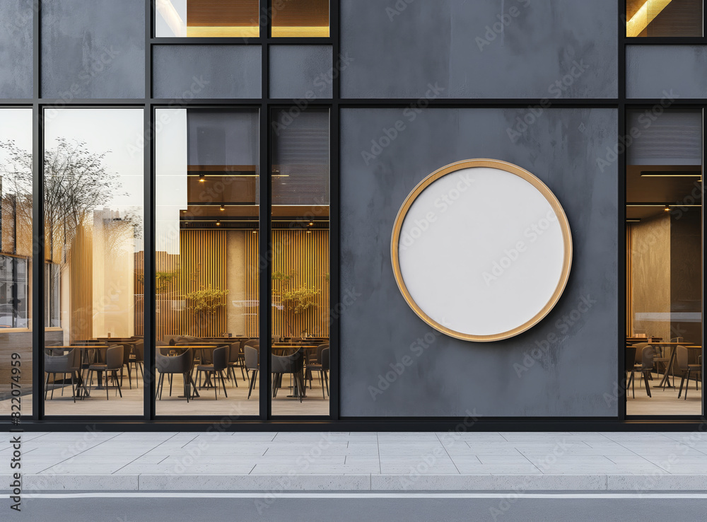 Cafe exterior with a round blank sign and large windows showing indoor ...