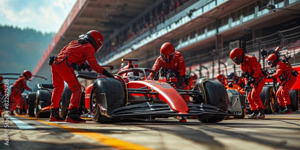 Pit Stop Precision. Crew in red suits performs fast and coordinated pit ...