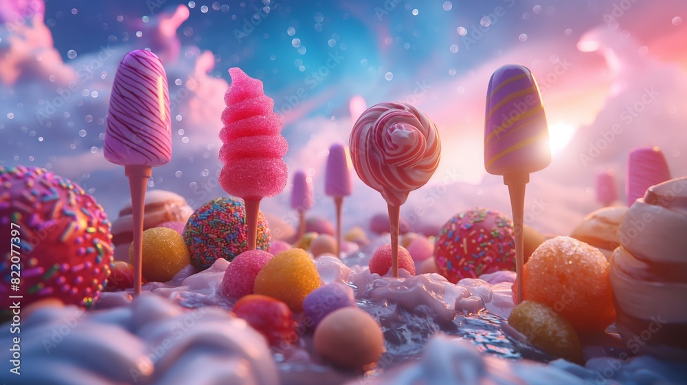 Fantasy candyland with various sweets on sticks, colorful and whimsical ...