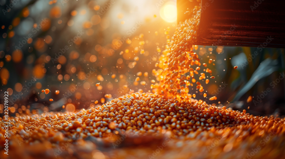 A pile of grain being poured into a bucket, showing grains falling and ...