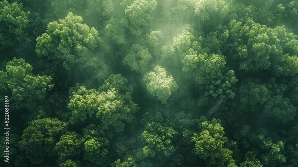 An aerial view of a dense forest canopy, with sunlight filtering ...